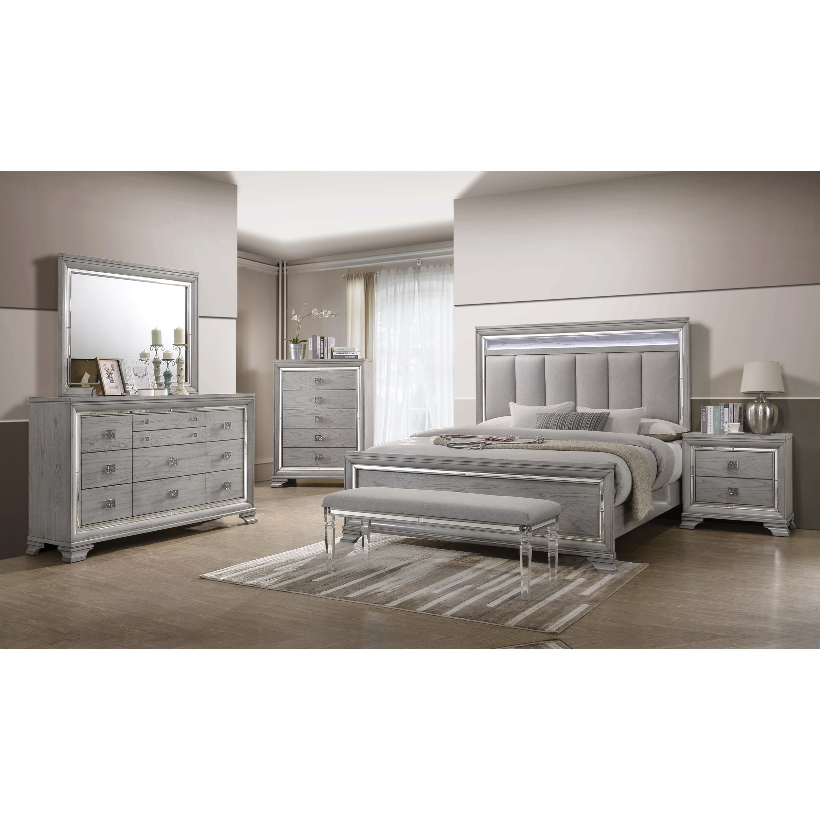 Crown Mark Vail Glam Upholstered Queen Bed with Mirrored Accents ...
