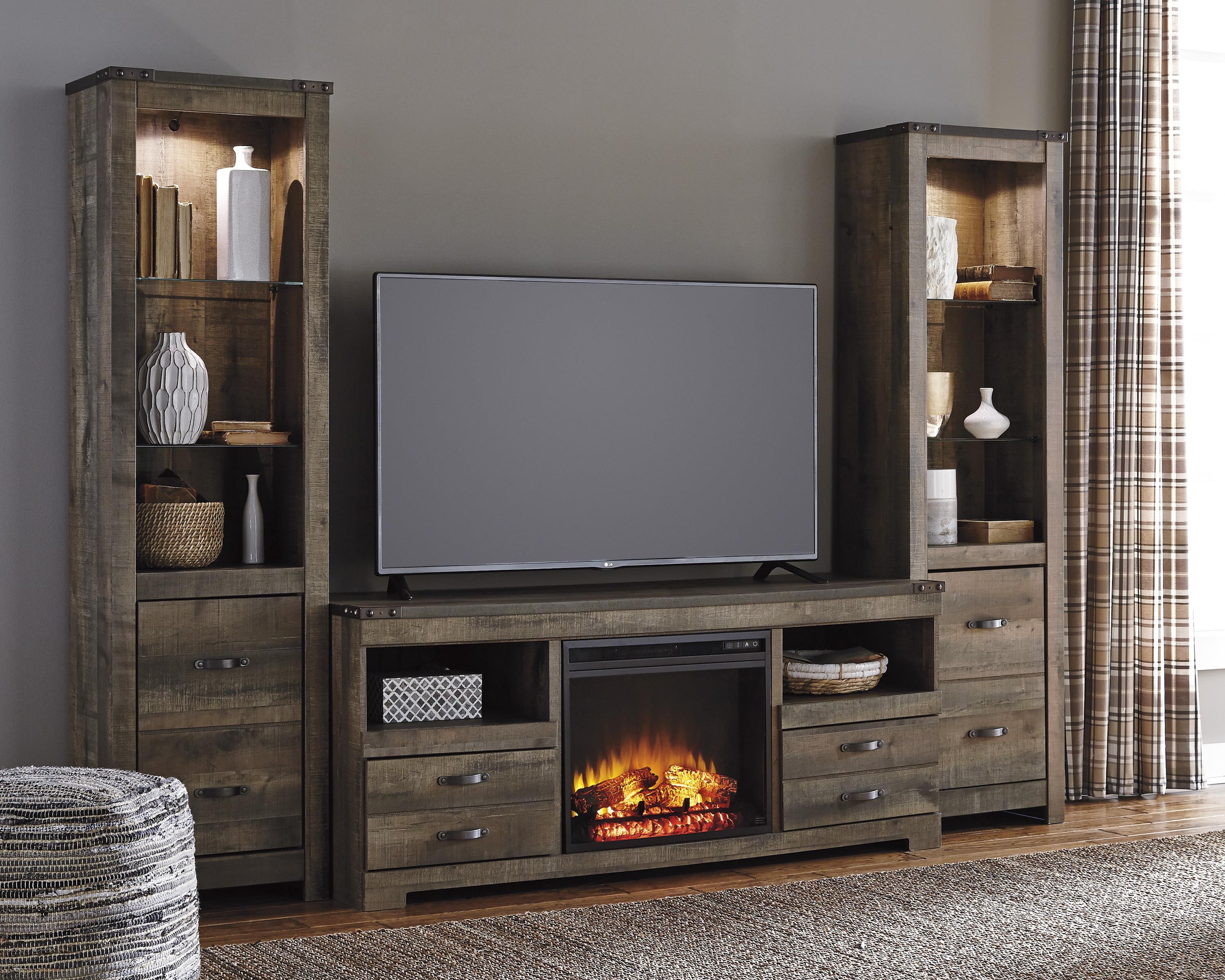 Ashley Signature Design Trinell Rustic Large TV Stand w/ Fireplace ...